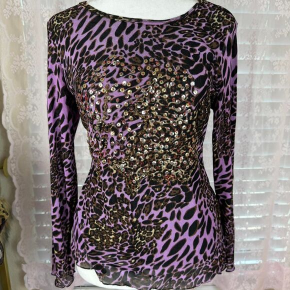 Tops | Vintage Y2k Mcbling Leopard Print Embellished Long Sleeve Mesh ...